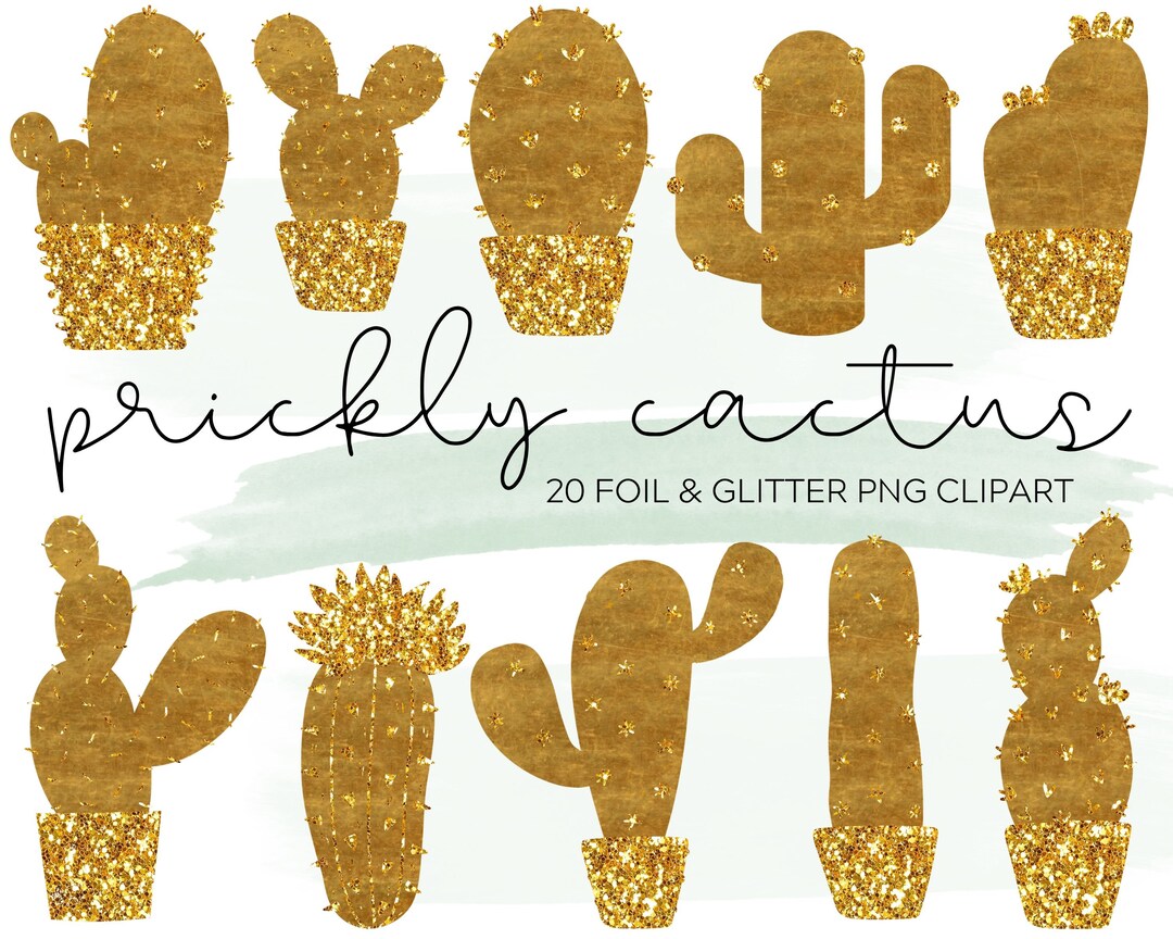 10 Gold Foil and Glitter Cactus Clipart, Desert Cacti, Western Pot ...