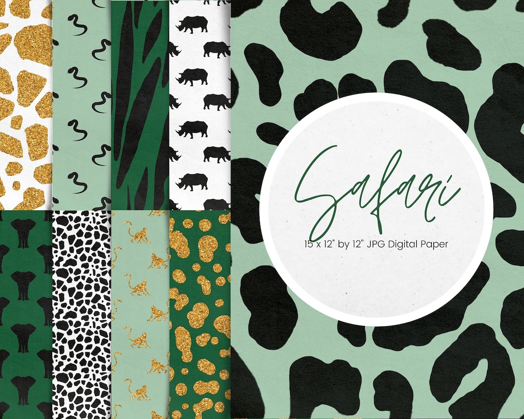 15 Gold Glitter Green and White Safari Digital Paper, Animal Paint ...
