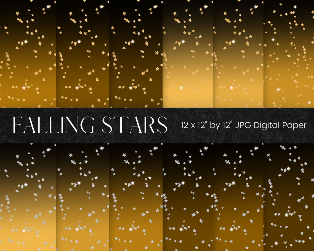 Falling Star Digital Paper, Gold Glitter Star Pattern, Yellow Black ...