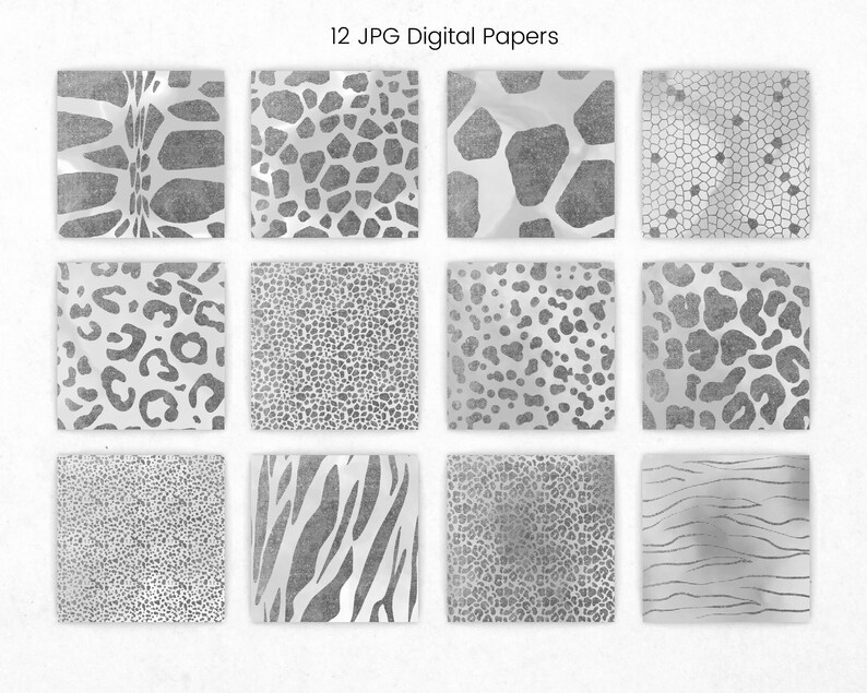 Silver Safari Animal Print Digital Paper, Leopard Print Pattern ...
