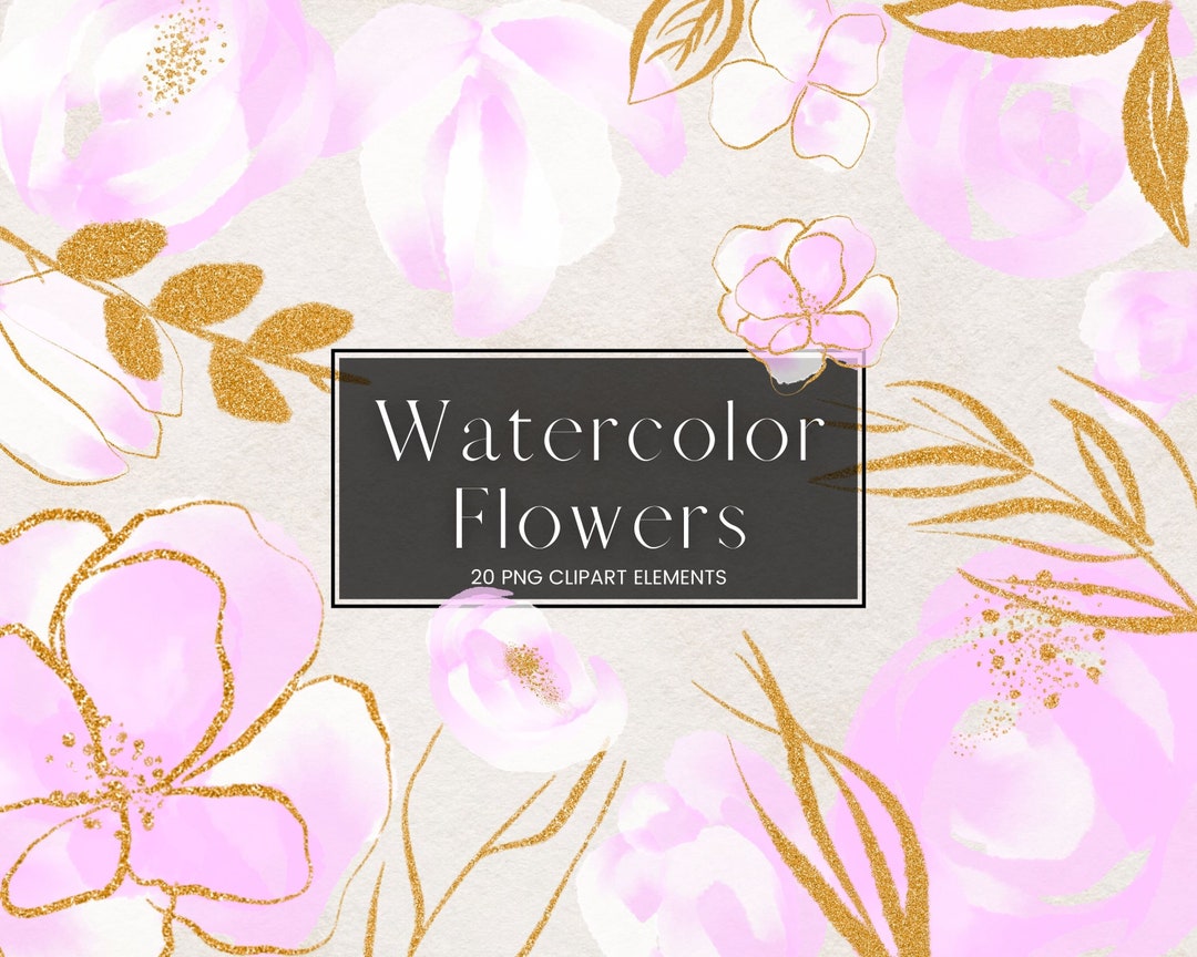 Pink Watercolour Flower Clipart, Gold Glitter Leaves Foliage Leaf, Gold ...