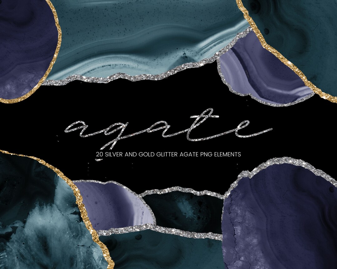 20 Agate Clipart Elements, Blue Navy Teal Gold and Silver Glitter ...