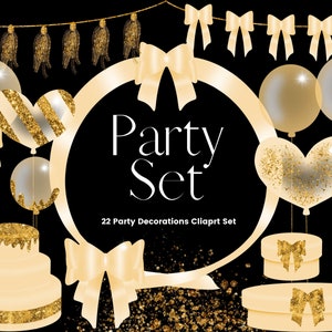 Gold Glitter Party Clipart Set, Balloon Clipart, Gold Party Decorations ...