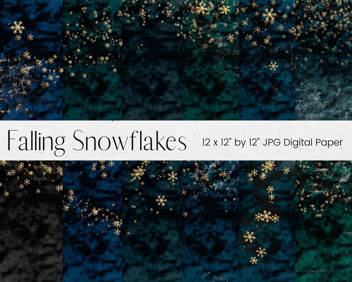 Falling Snowflake Digital Paper, Gold Glitter Snowflakes, Blue Winter ...