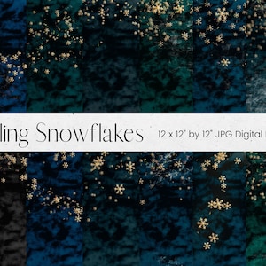 Falling Snowflake Digital Paper, Gold Glitter Snowflakes, Blue Winter ...
