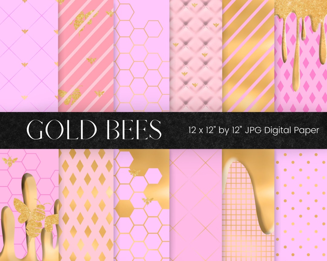 Bee Digital Paper, Pink Bee Printable Digital Scrapbooking, Gold ...