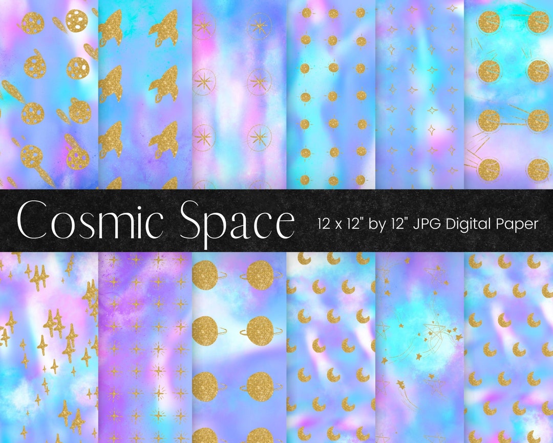 Cosmic Space Digital Paper Background, Gold Glitter Galaxy Texture ...