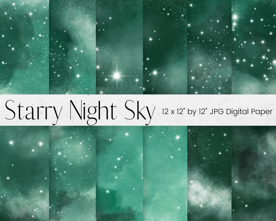 Starry Night Digital Paper, Green Watercolour Texture, Night Sky ...