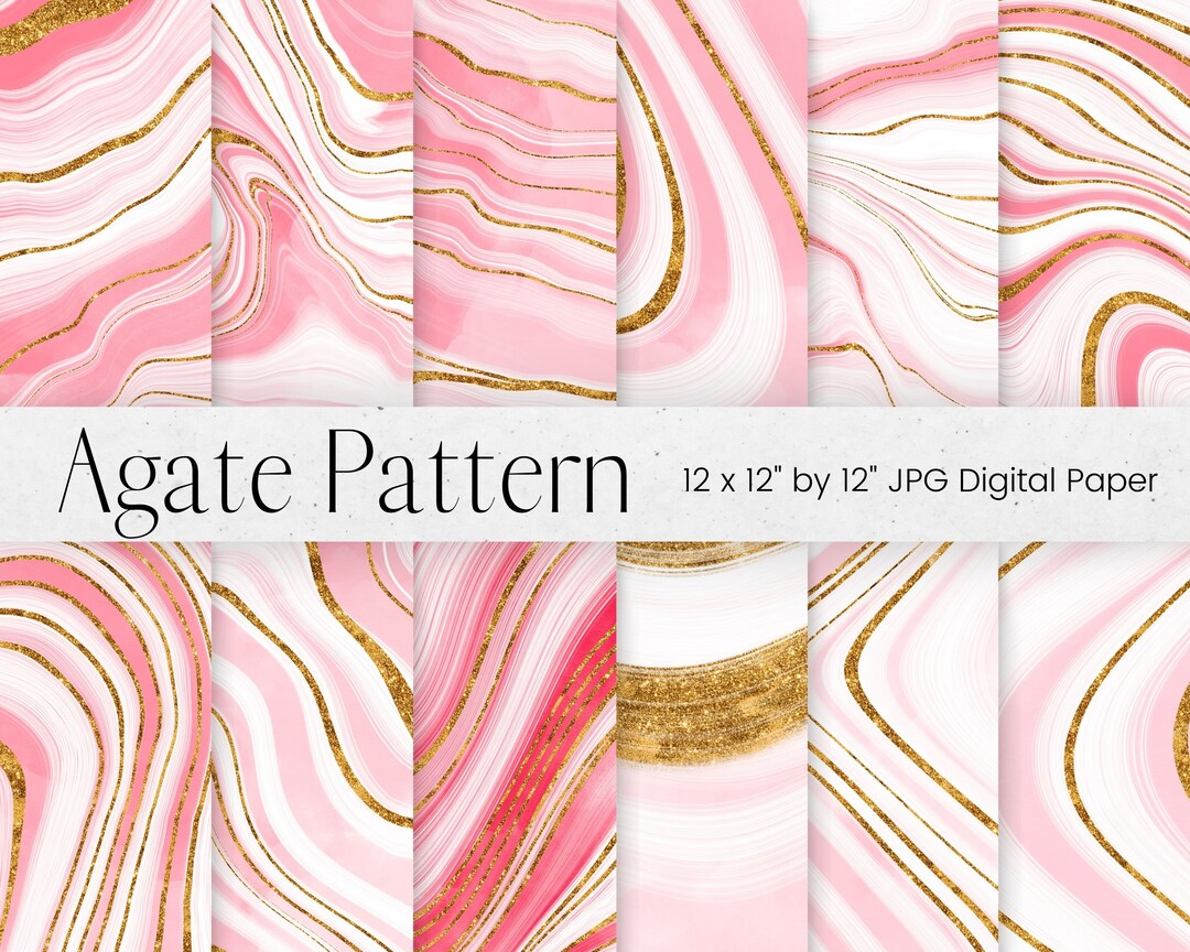 Pink Agate Digital Paper, Gold Glitter and Agate Pattern Background ...