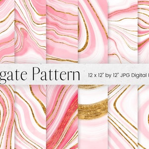 Pink Agate Digital Paper, Gold Glitter and Agate Pattern Background ...