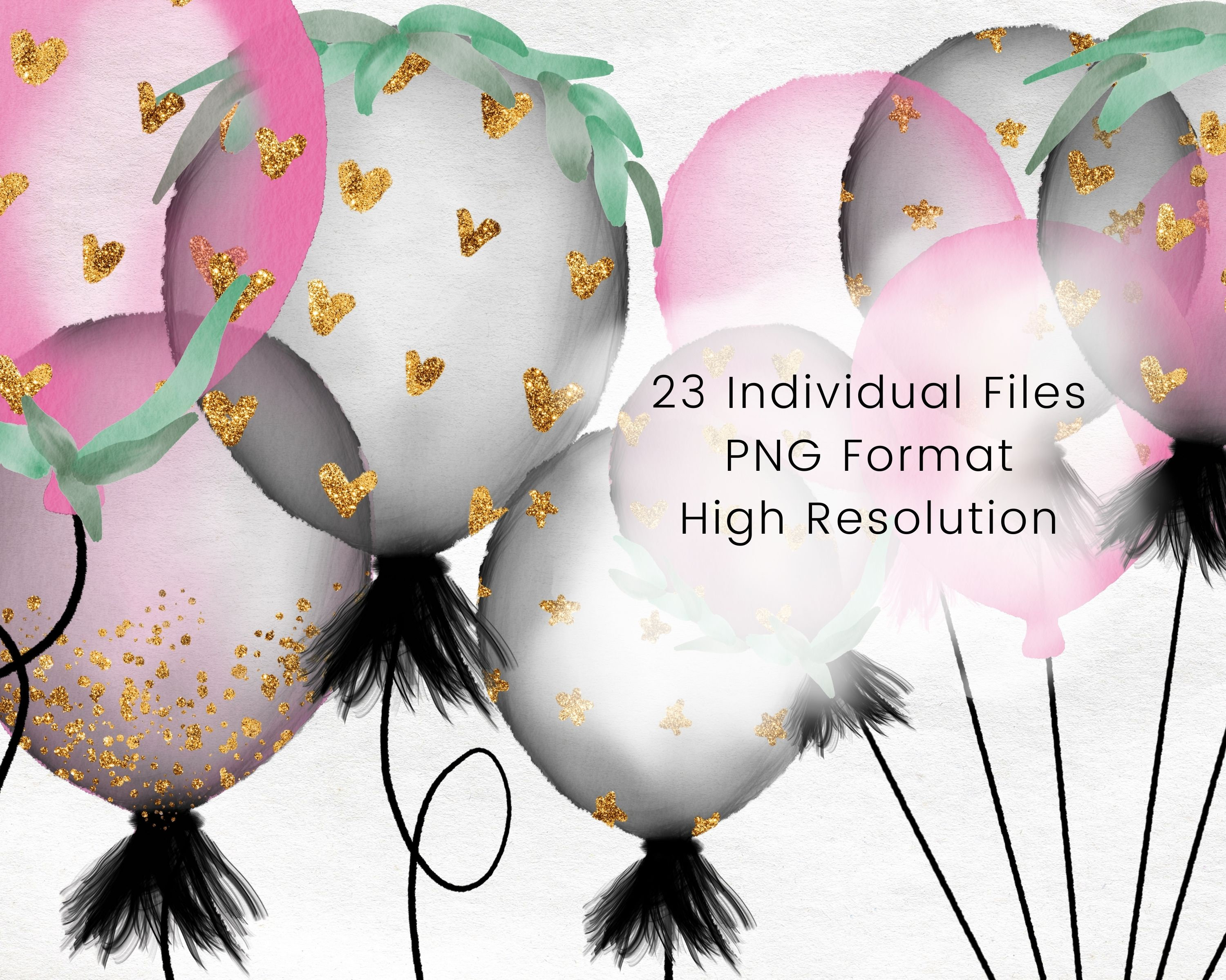 Watercolour Balloon Clipart Pink Black and Gold Glitter | Etsy