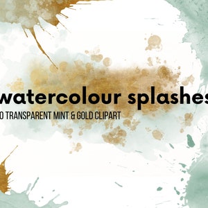 20 Mint and Gold Foil Watercolor Splashes Clipart, Green Watercolour ...