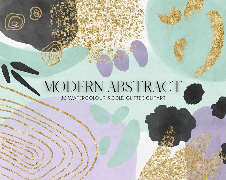 Modern Abstract Shapes Clipart, PNG Purple, Green, Gold Glitter Shape ...