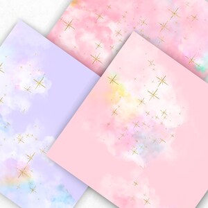 Rainbow Clouds Digital Paper Pattern, Sparkling Gold Stars, Pink ...