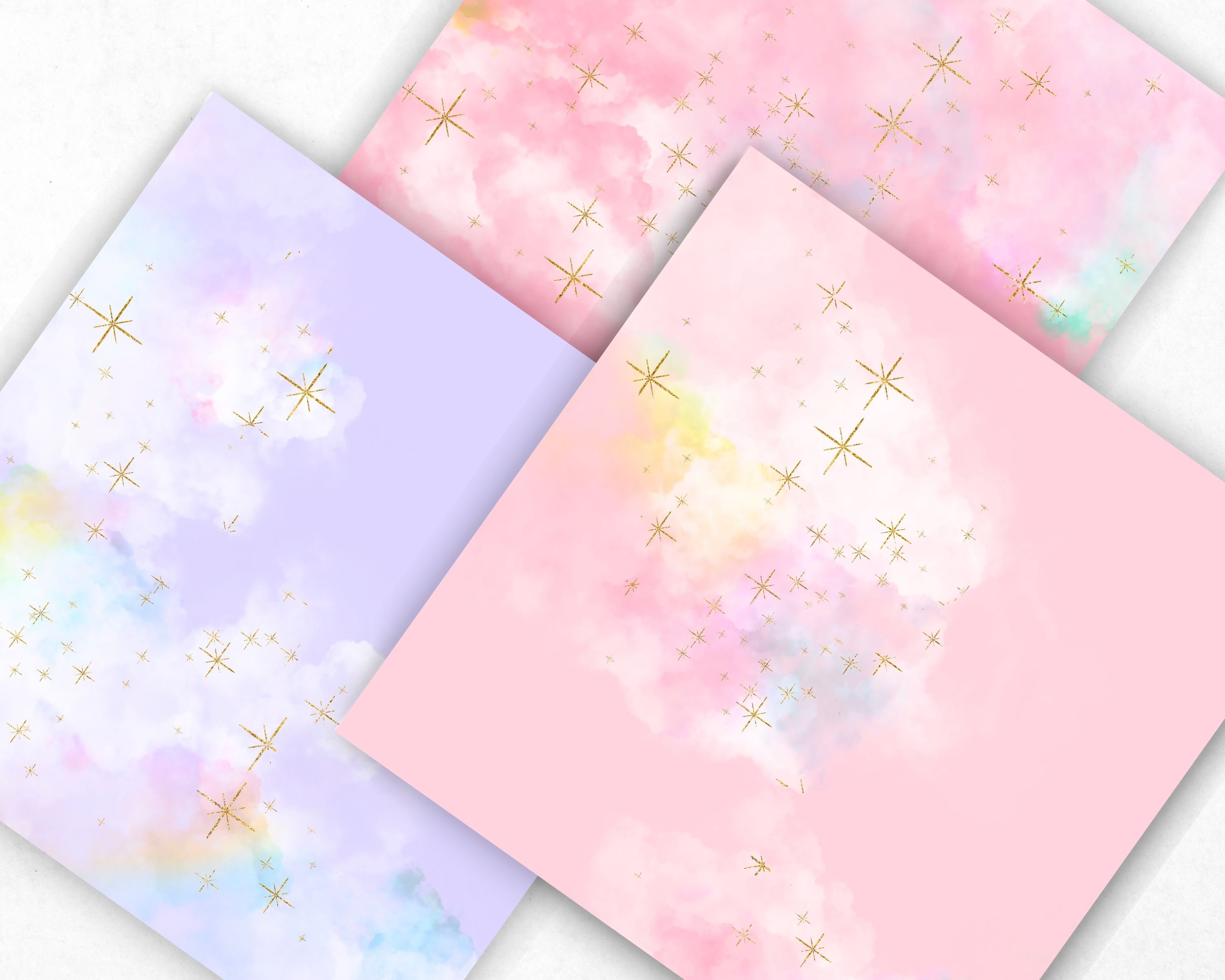 Rainbow Clouds Digital Paper Pattern Sparkling Gold Stars - Etsy