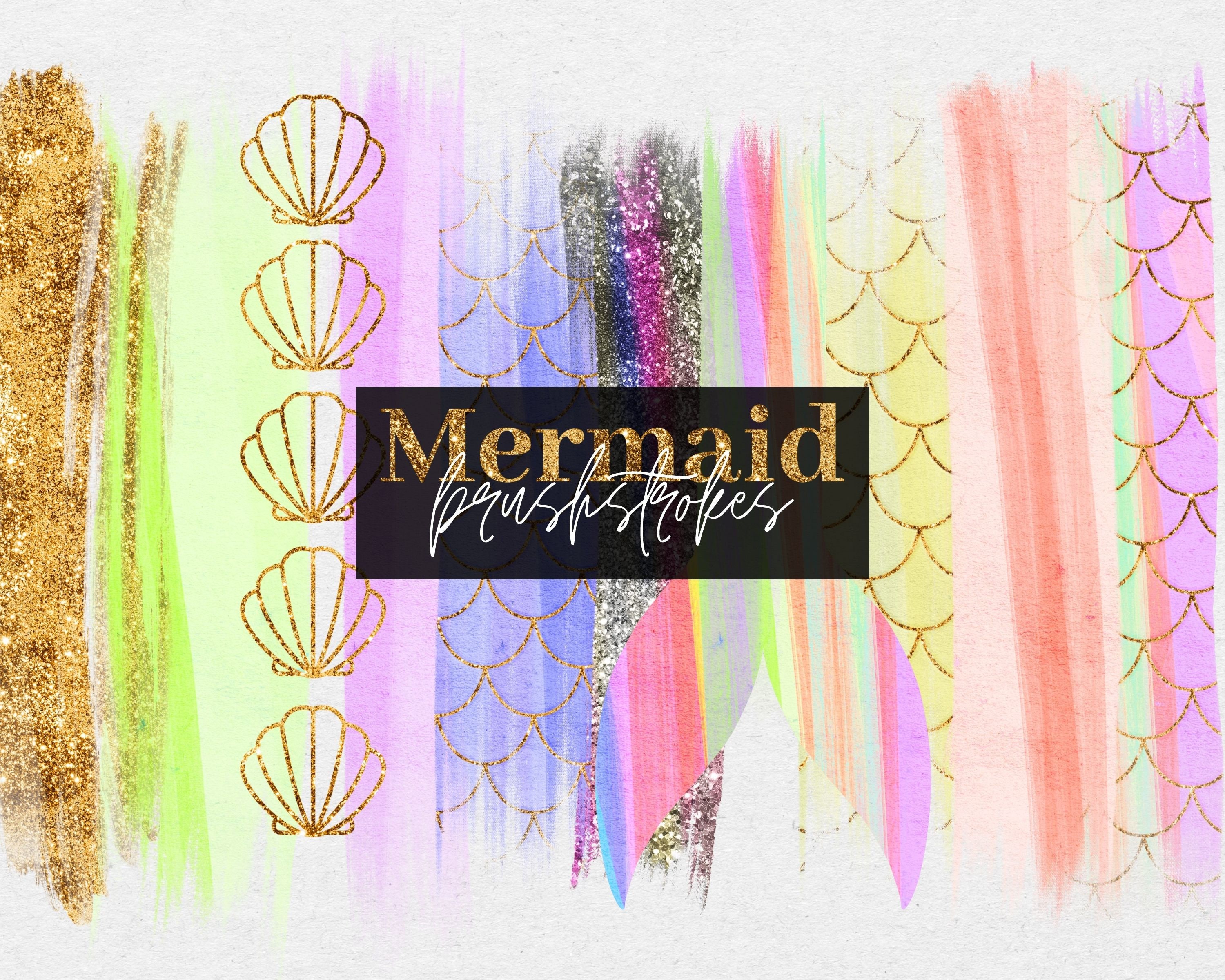 Rainbow Mermaid Brush Strokes Clipart Gold Pink Purple | Etsy
