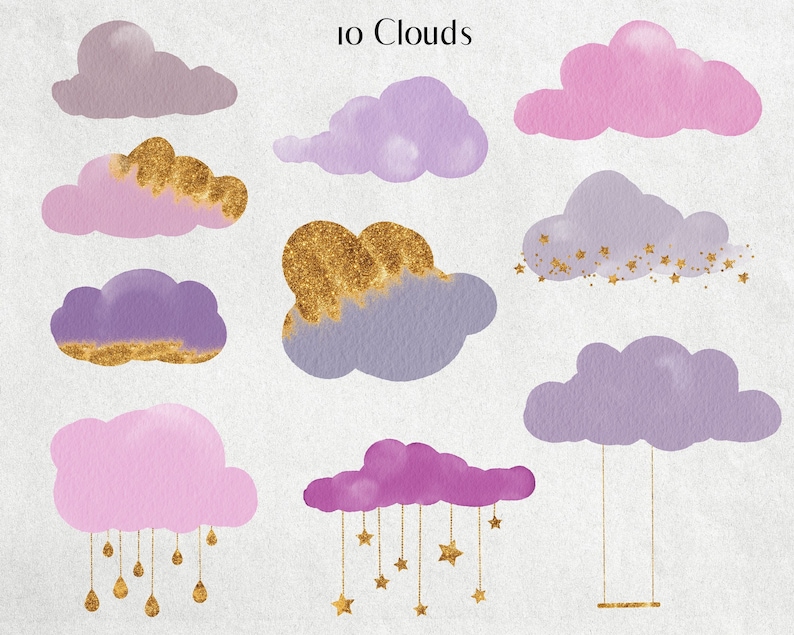 Pink and Purple Watercolour Clouds Clipart Glitter Stars - Etsy