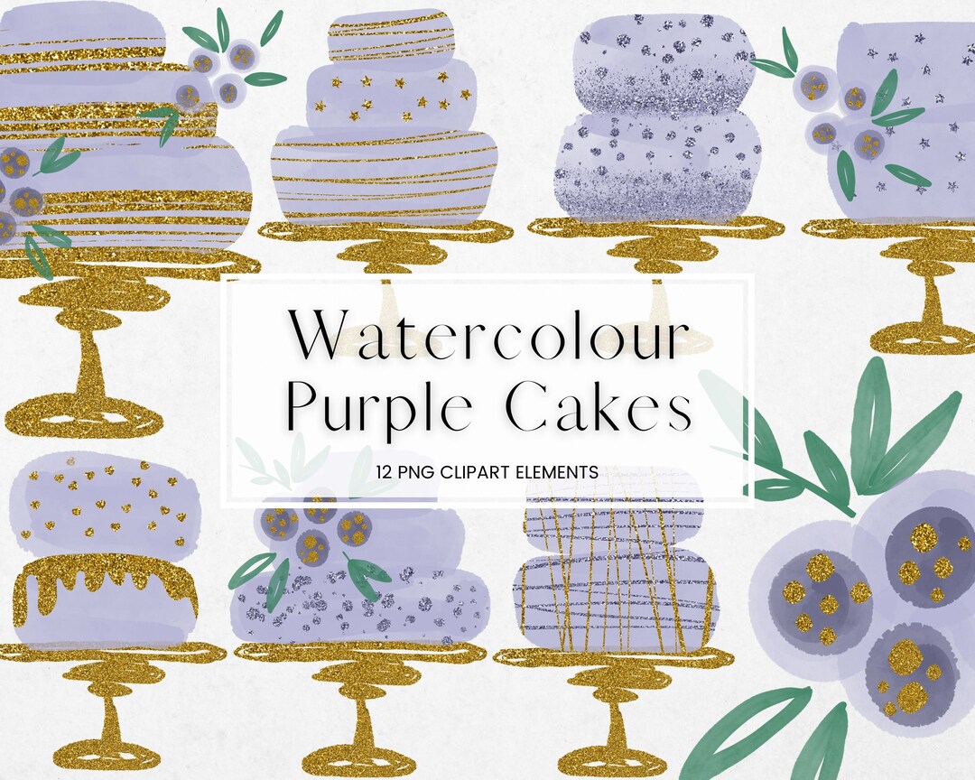 Purple Watercolour Cake Clipart, PNG Watercolour and Gold Glitter ...