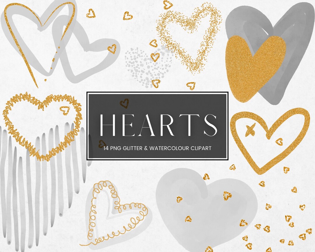 Watercolour and Gold Glitter Heart Clip Art, Grey Hand Drawn Hearts ...