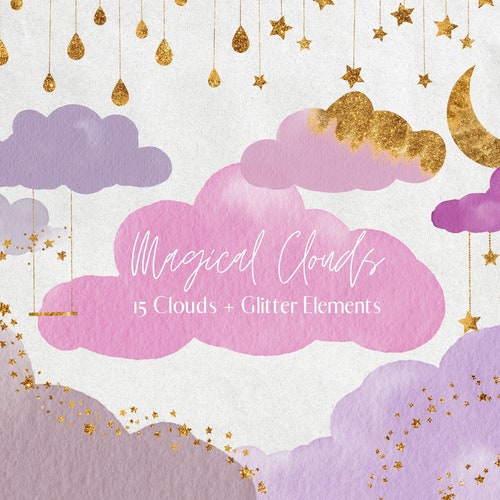 Watercolor Glitter Clouds Clipart Pink Watercolor Cloud Clip - Etsy