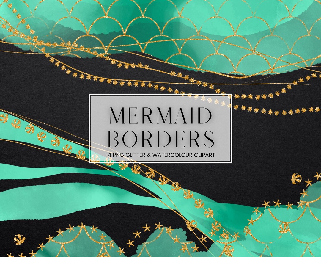 Mermaid Watercolour Border Clip Art, Green Watercolor Gold Glitter ...