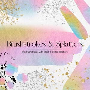 Rainbow Watercolor Brush Stroke Clip Art, PNG Gold Glitter Splatter ...