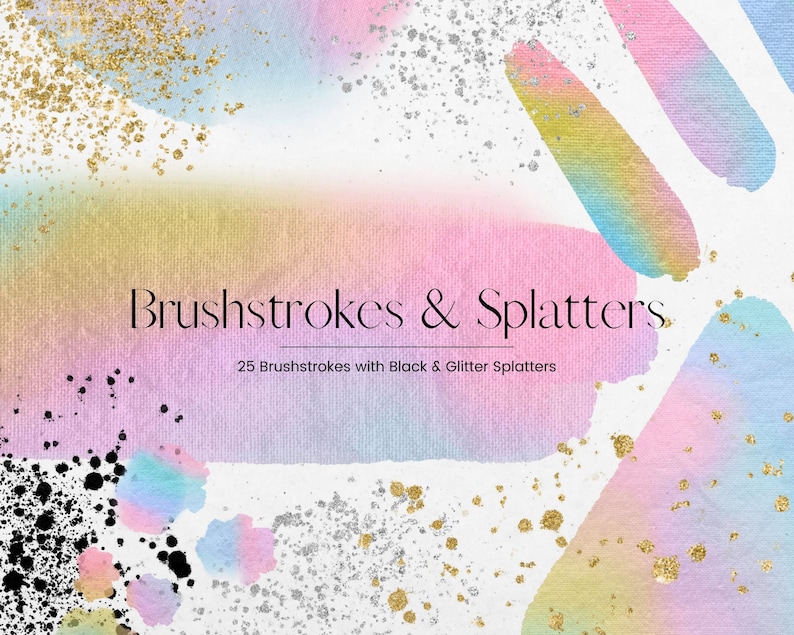 Rainbow Watercolor Brush Stroke Clip Art, PNG Gold Glitter Splatter ...