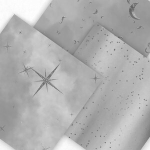 Silver Foil and Stars Digital Paper Pattern, Stars and Moon Scrapbook ...