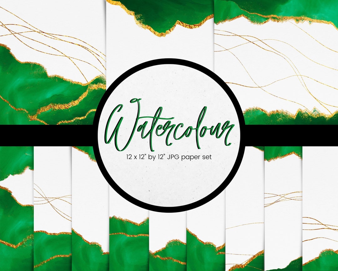 Green Watercolour Digital Paper, Gold Foil Paint Paper, Paint Stroke ...