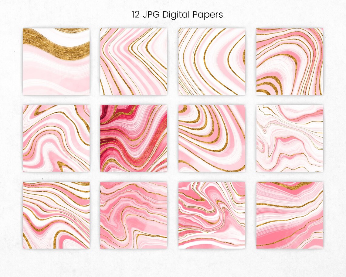Pink Agate Digital Paper, Gold Glitter and Agate Pattern Background ...