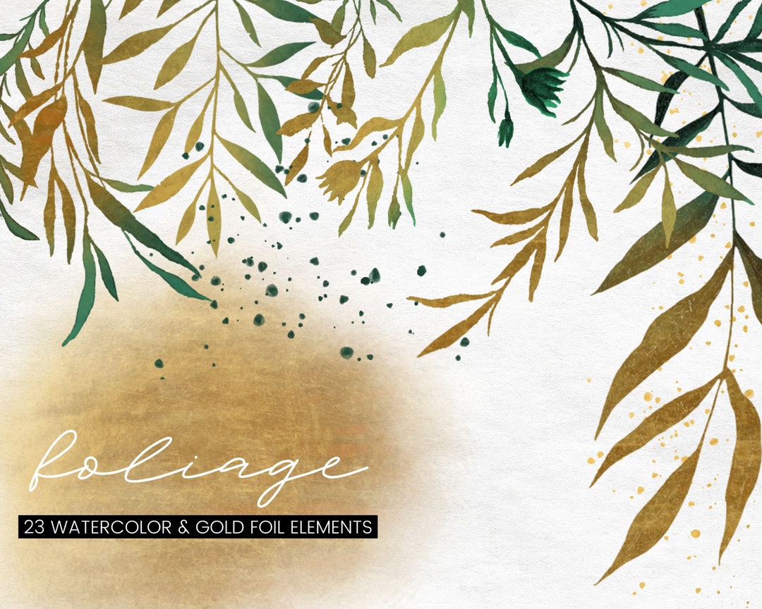 23 Green Watercolor and Gold Foil Leaves Clipart, Watercolour Olive ...