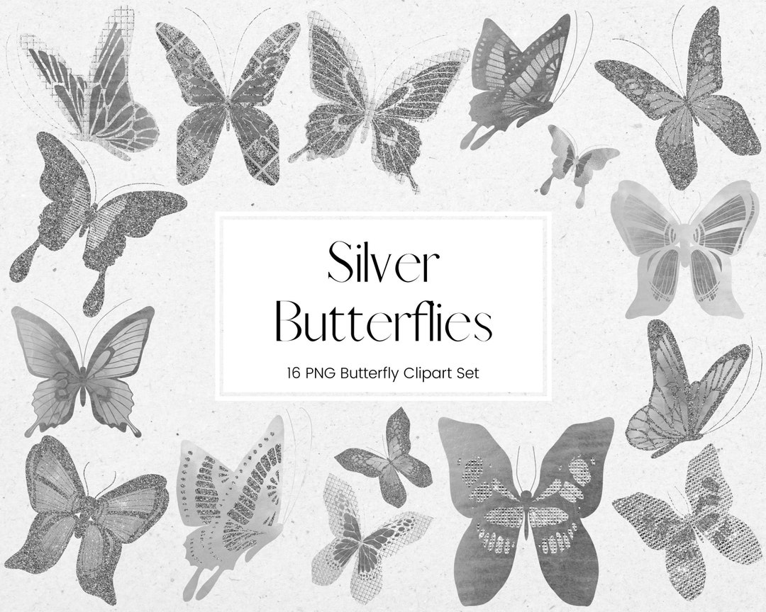 Silver Butterfly Clipart, Foil and Glitter Butterflies, PNG Butterfly ...