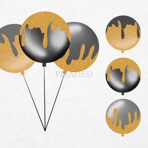 Black and Gold Glitter Birthday Party Clip Art Set, Black Balloon ...