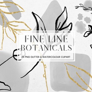Fine Line Floral Clipart, Gold Glitter Flowers, Black Line Flowers ...