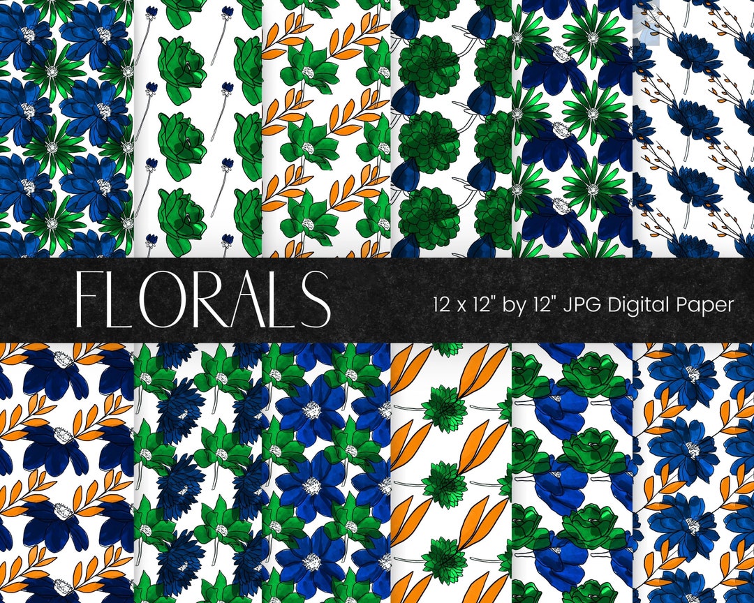Watercolour Flower Pattern Digital Paper, Green and Blue Floral ...