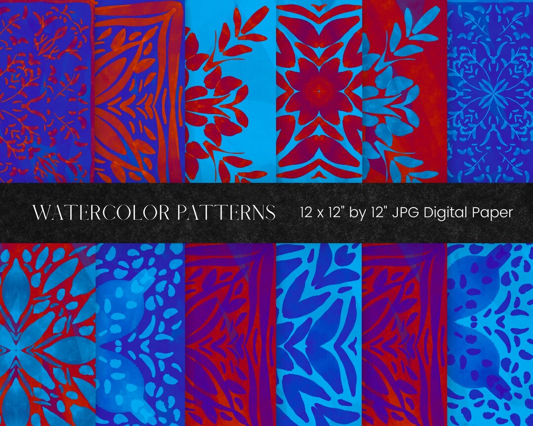 Watercolour Digital Paper Pattern, Moroccan Tile, Red Blue Watercolor ...