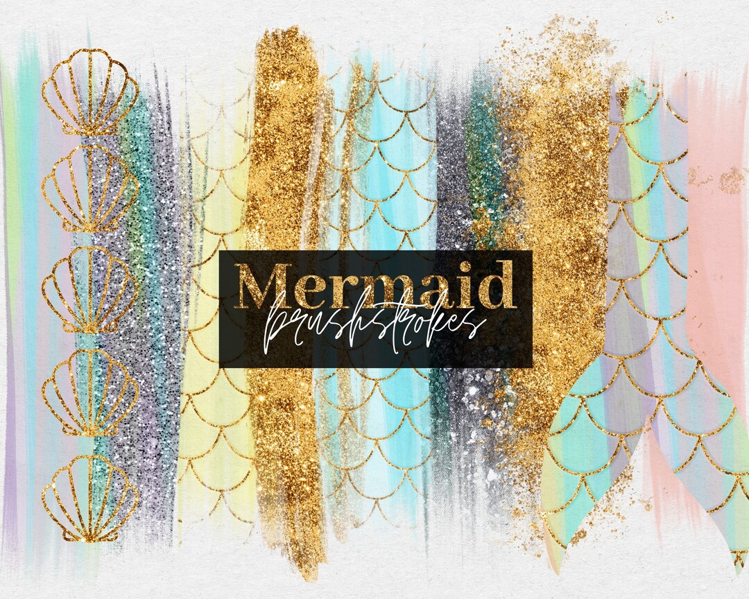 Rainbow Mermaid Brush Strokes Clipart, Gold, Pink Blue Pastel Paint ...