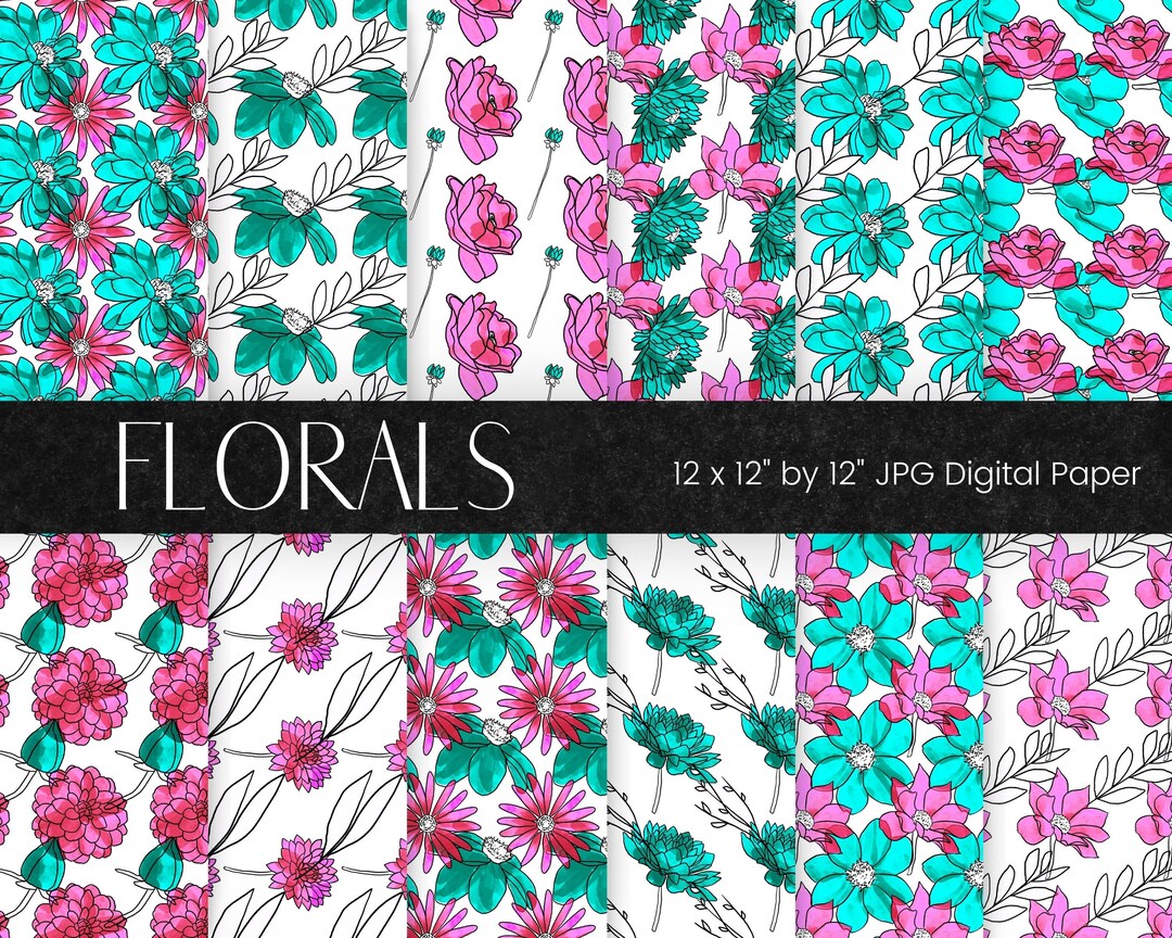 Watercolour Flower Pattern Digital Paper, Pink and Blue Floral ...