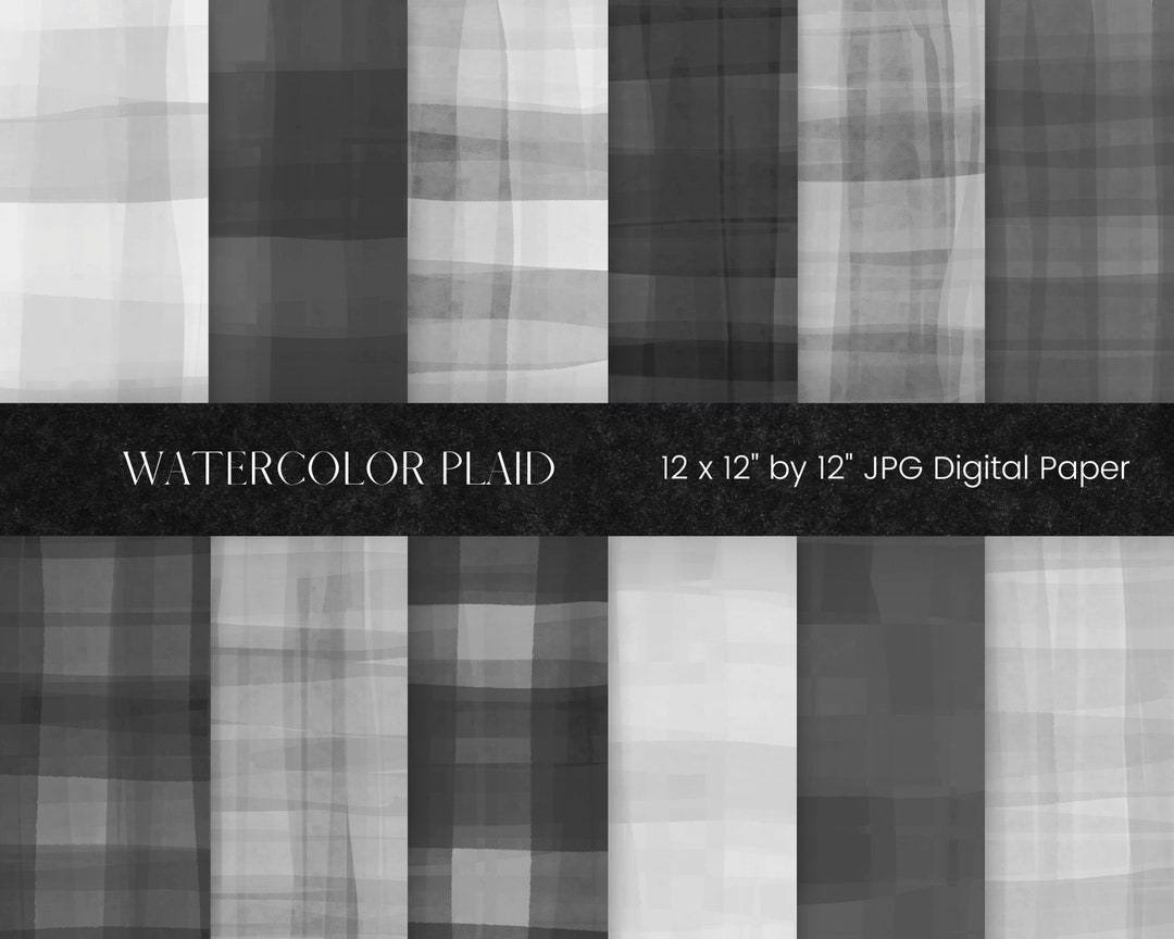 Colourful Watercolor Plaid Digital Paper, Black Tartan Pattern, Grey ...