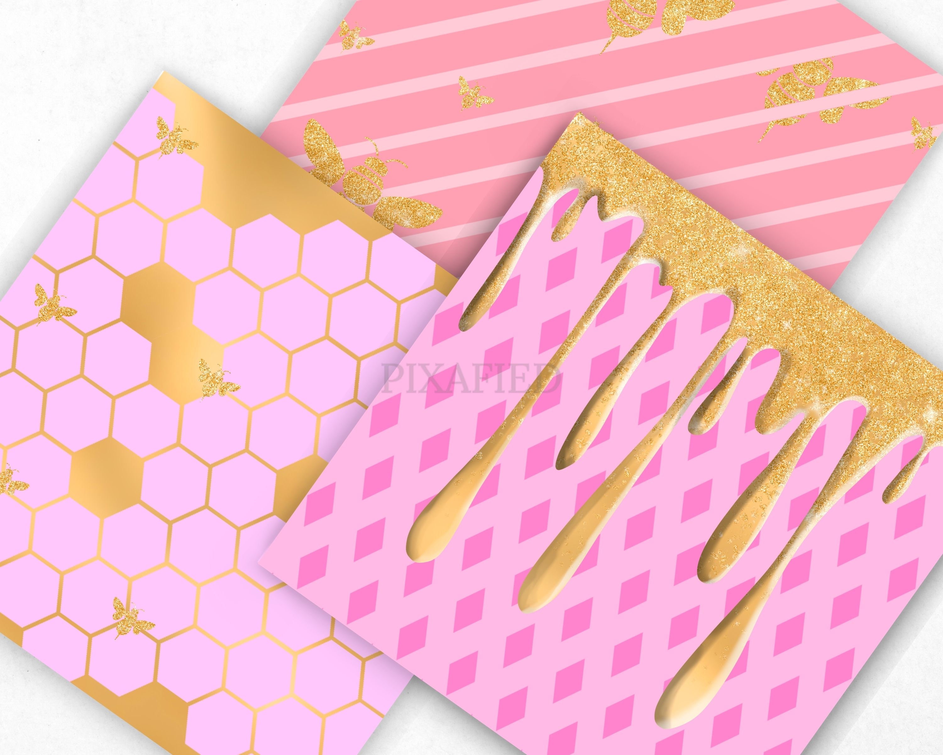 Bee Digital Paper, Pink Bee Printable Digital Scrapbooking, Gold ...