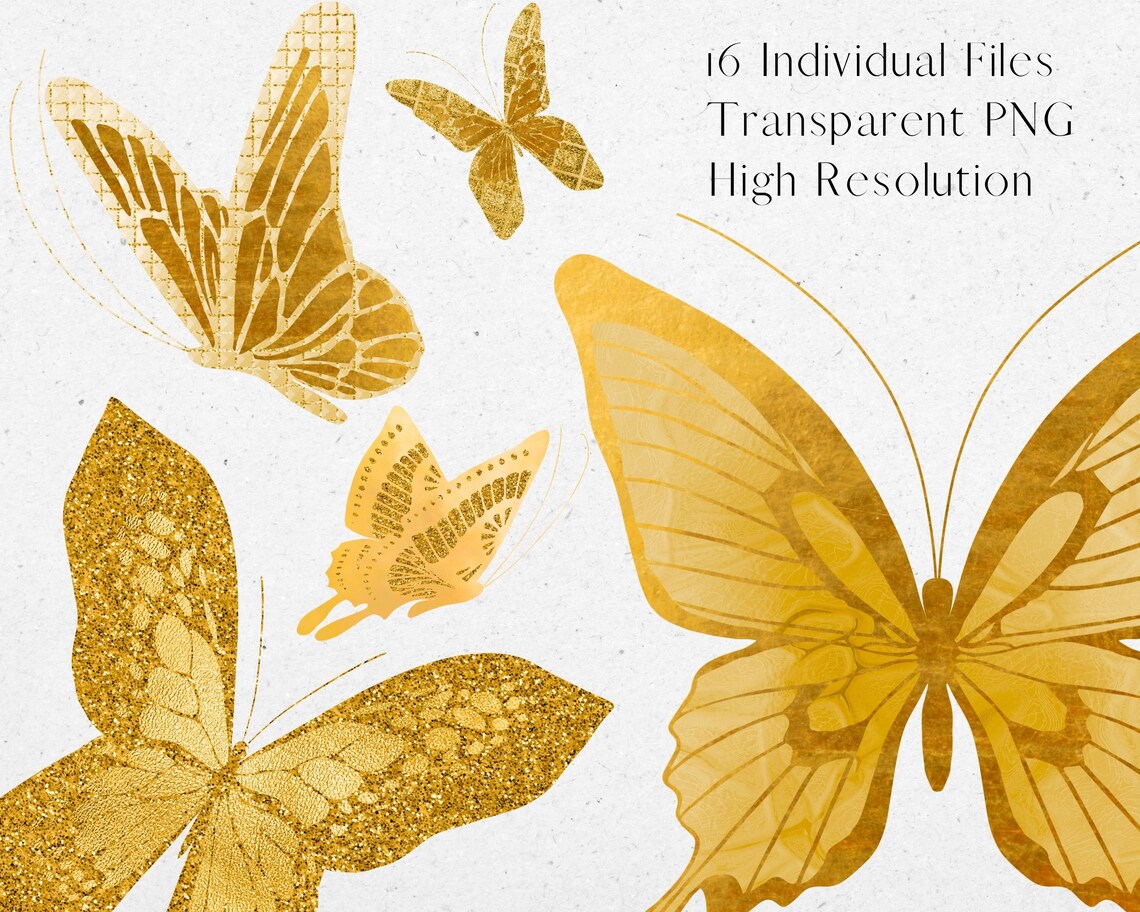 Gold Butterfly Clipart Foil and Glitter Butterflies PNG | Etsy