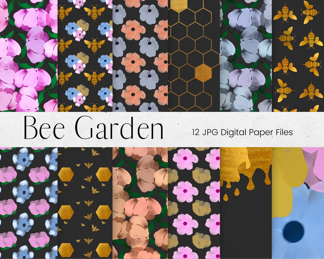Bee Flower Garden Digital Paper Pattern, Watercolour Flowers Scrapbook ...
