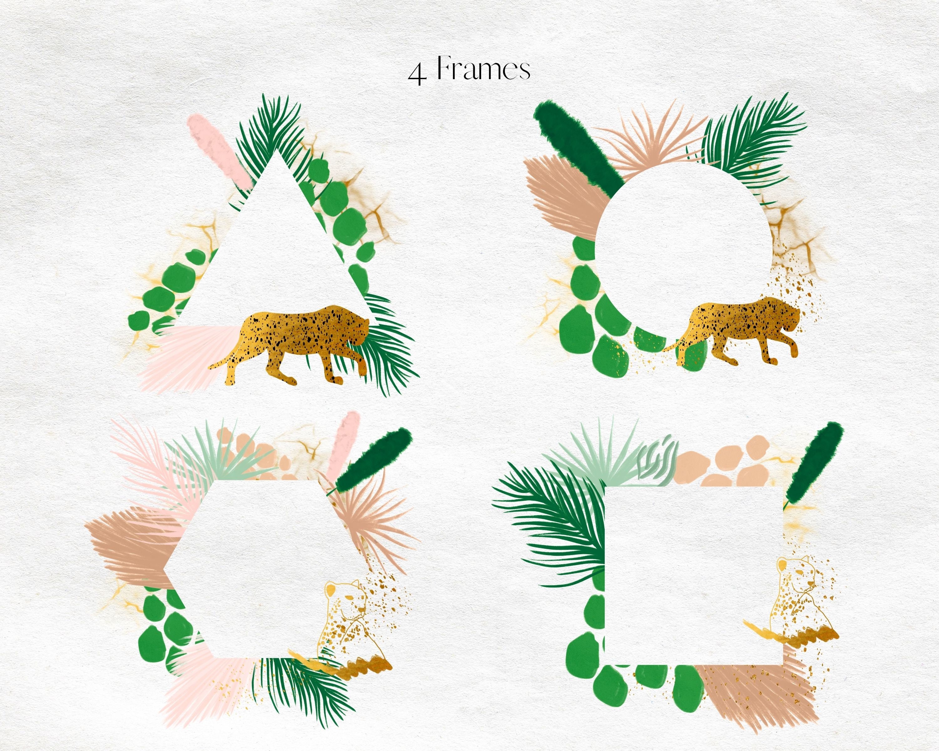 Pink and Green Boho Frame and Dried Leaves Clipart, Gold Leopard Print ...