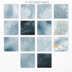 Watercolour and Gold Stars Digital Paper Pattern, Stars and Moon ...