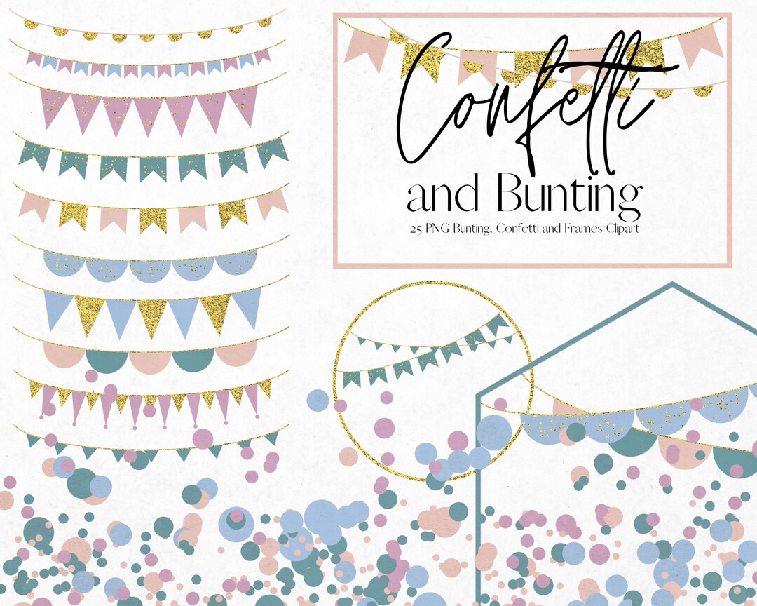 Party Decorations Clipart, Blue Bunting, Glitter Confetti, Square ...