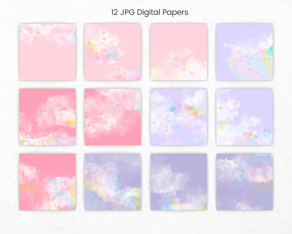Rainbow Clouds Digital Paper Pattern Sparkling Gold Stars - Etsy