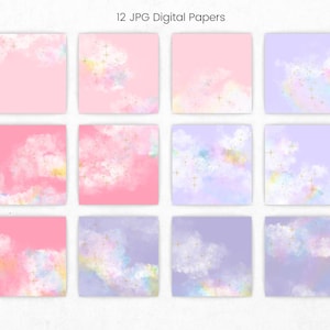 Rainbow Clouds Digital Paper Pattern, Sparkling Gold Stars, Pink ...