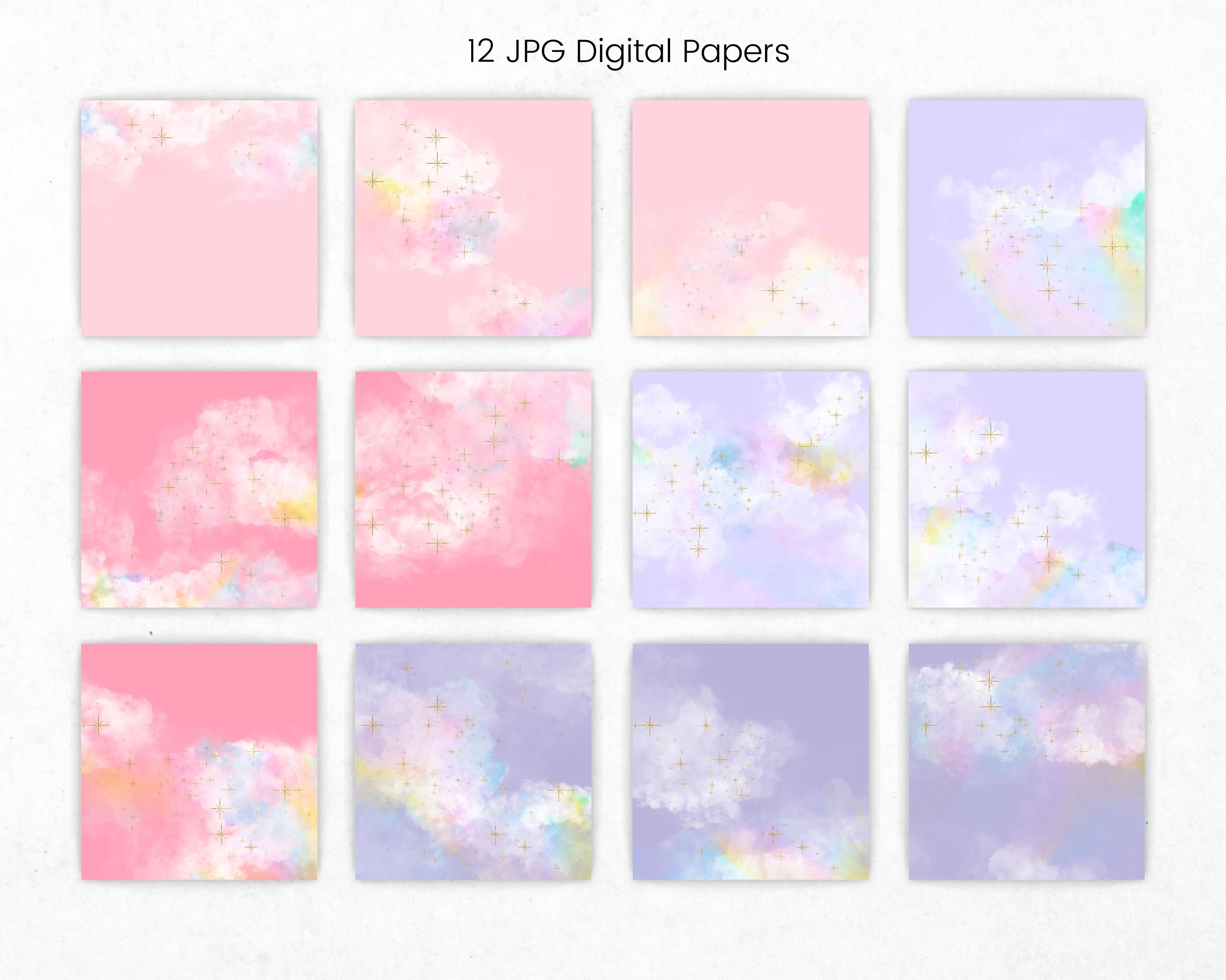Rainbow Clouds Digital Paper Pattern Sparkling Gold Stars - Etsy