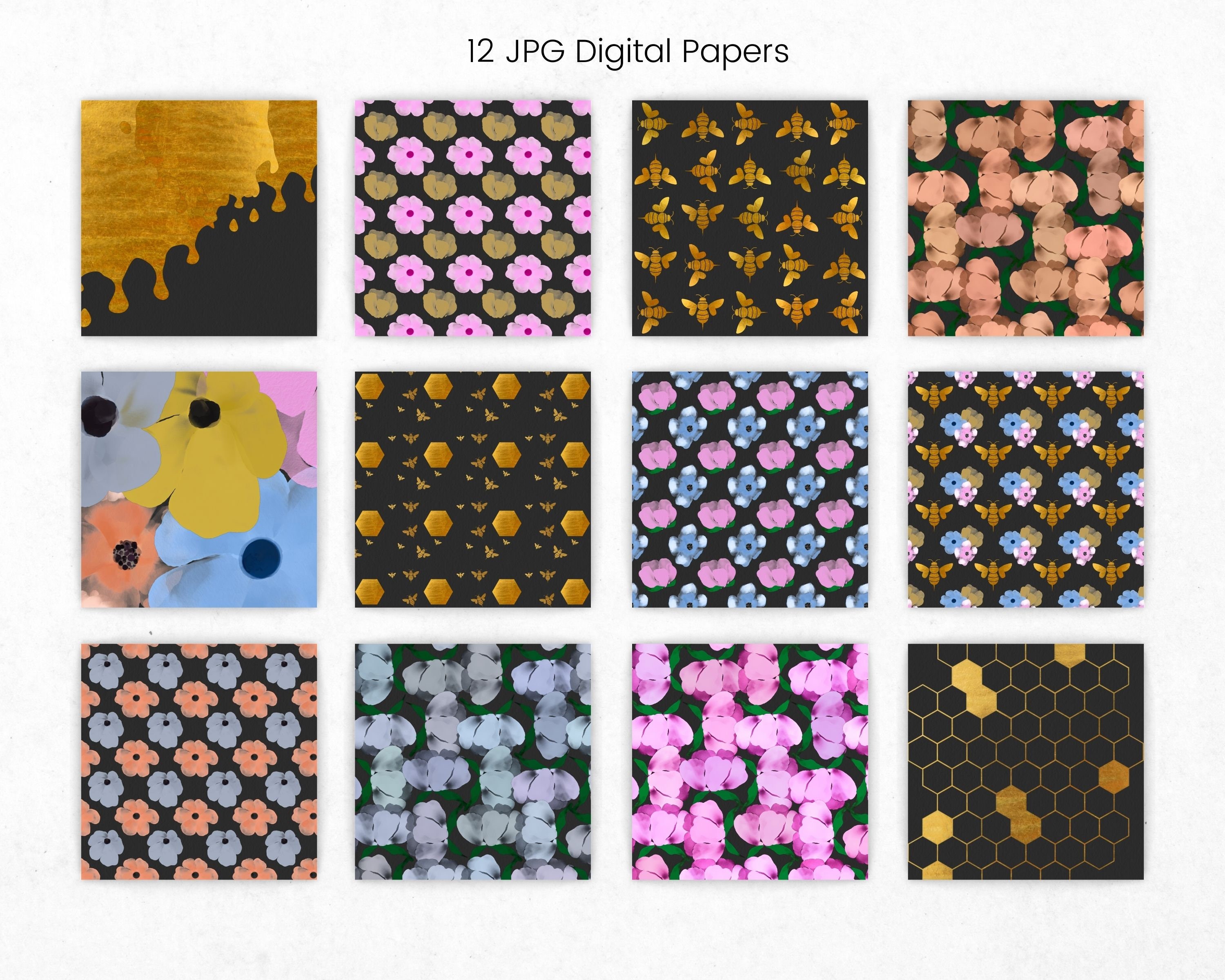 Bee Flower Garden Digital Paper Pattern, Watercolour Flowers Scrapbook ...
