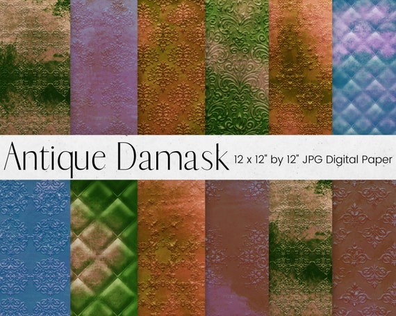 Antique Damask Digital Paper Plink Blue Green Distressed | Etsy